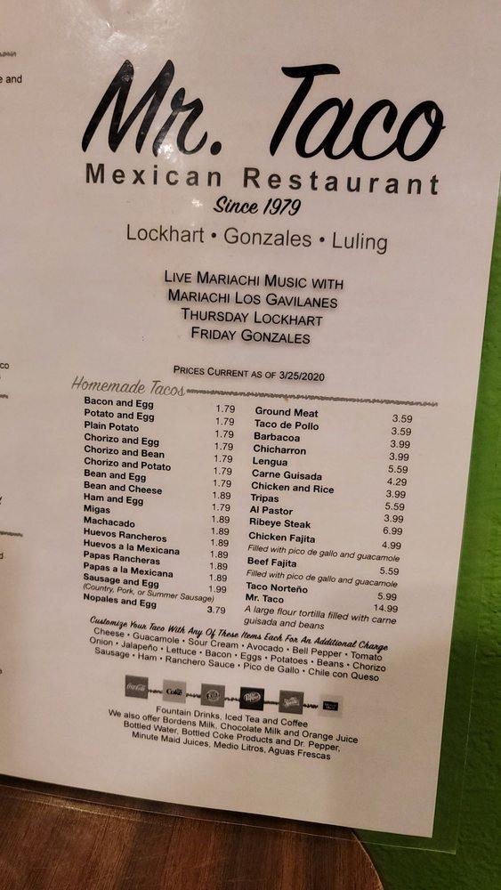 Menu at Mr Taco restaurant, Luling