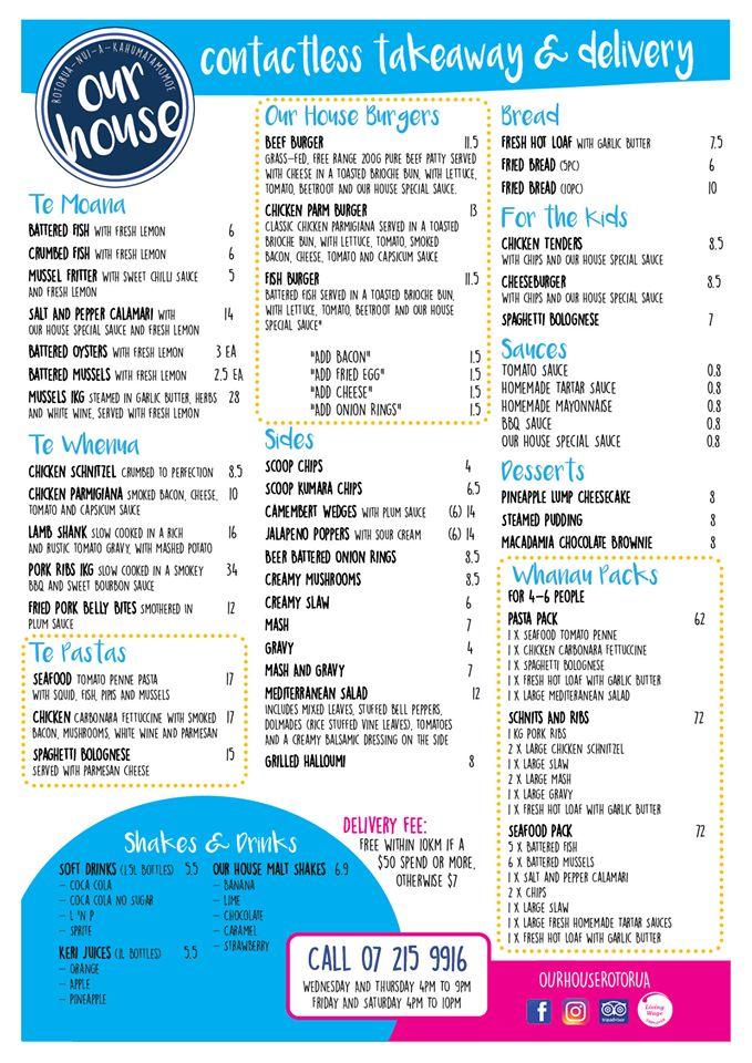 Menu at Our House restaurant, Rotorua, Tutanekai St