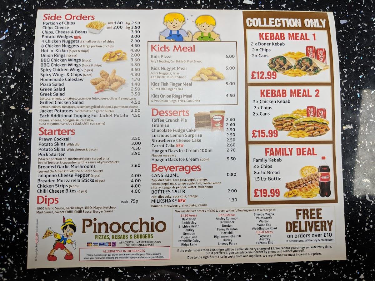 Menu at Pinocchio Pizzas pizzeria, Atherstone