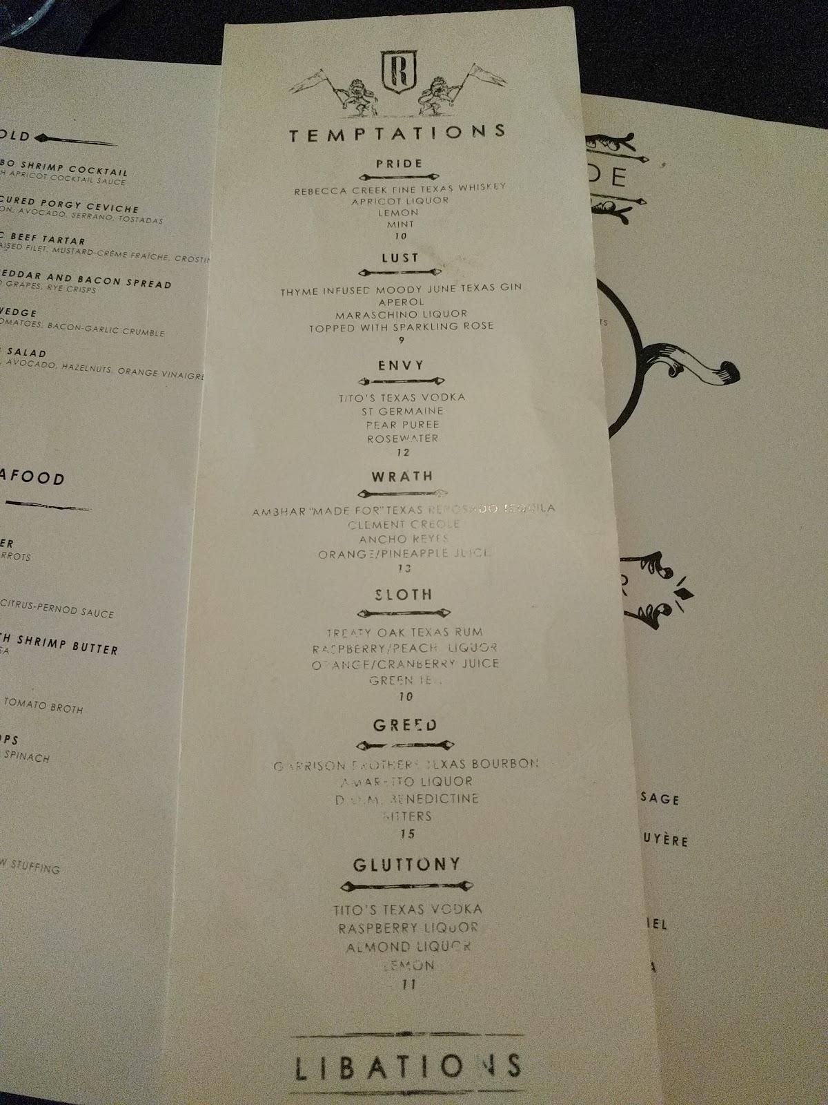 Menu at Rebelle steakhouse, San Antonio