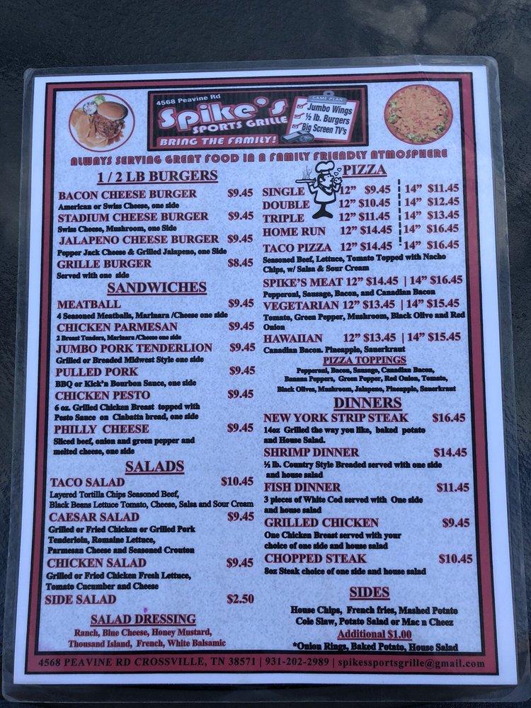 Menu at Spike's Sports Grille pub & bar, Crossville