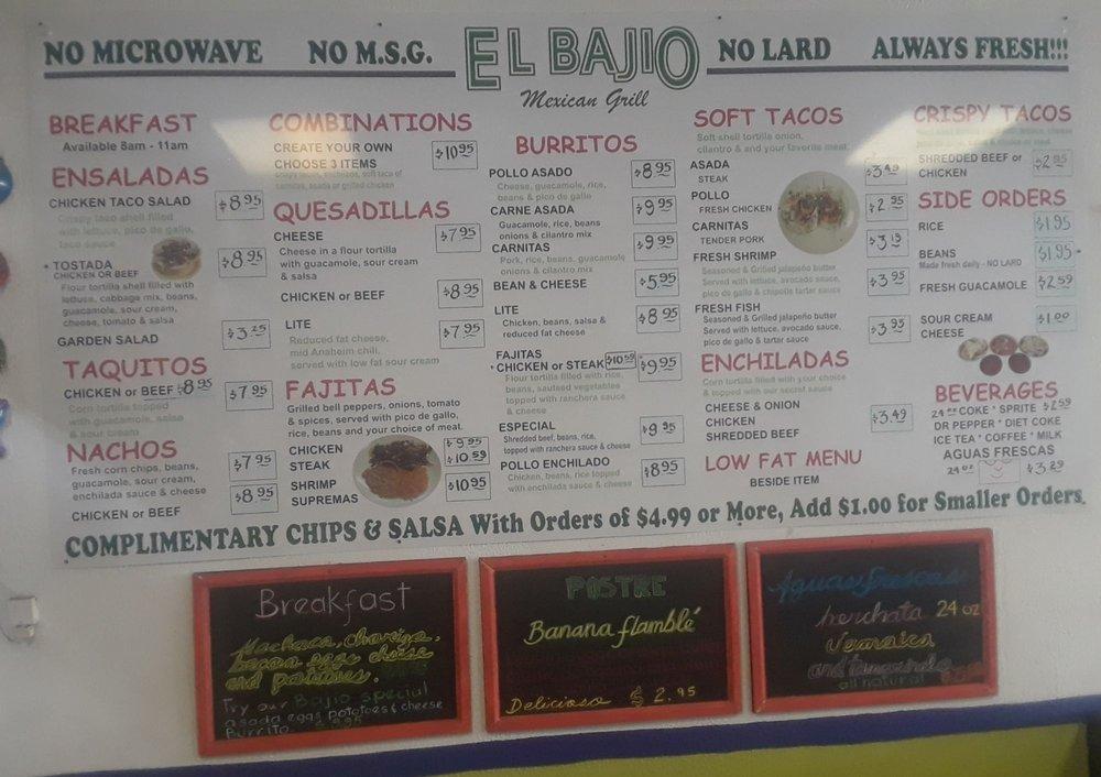 Menu at Bajio Mexican Grill restaurant, Riverside