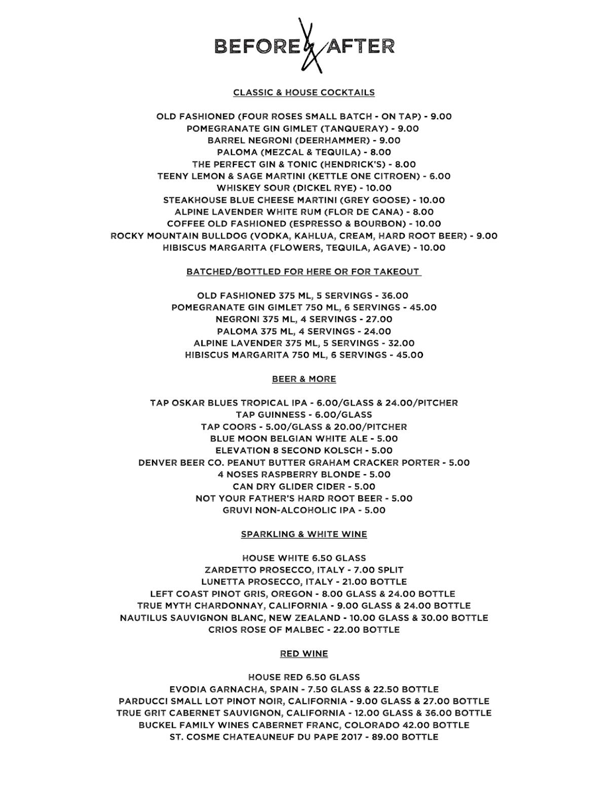 Menu at Before & After, Coffee & Cocktails pub & bar, Leadville