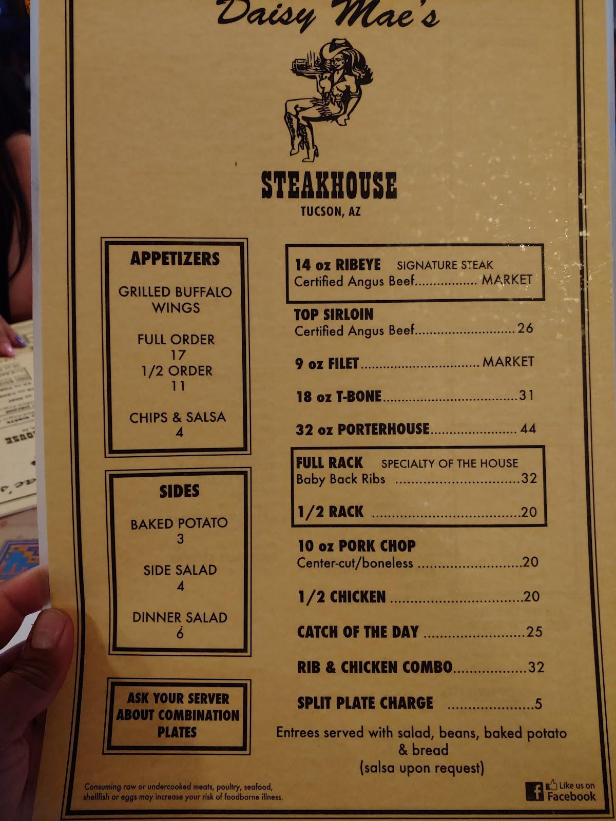 Menu at Daisy Mae's Steak House pub & bar, Tucson, W Anklam Rd
