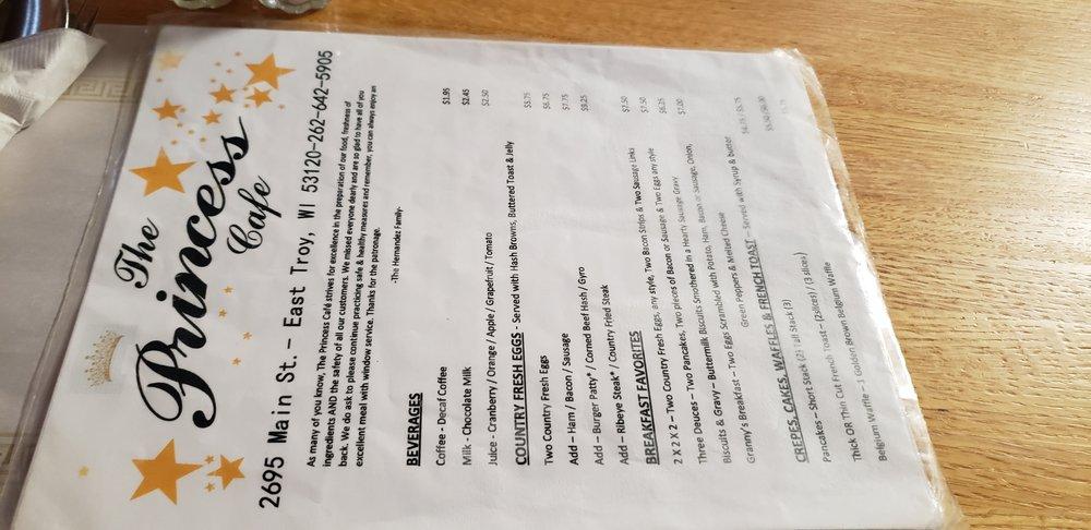 Menu at Princess Cafe, East Troy