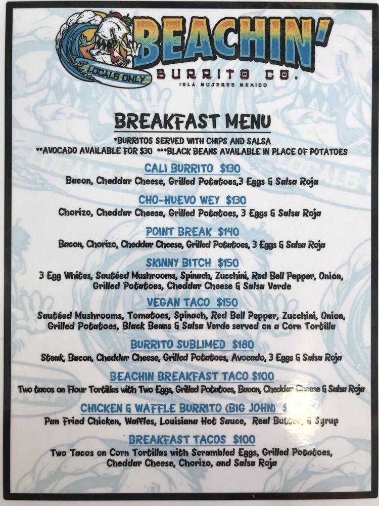 Menu at Beachin' Burrito restaurant, Isla Mujeres