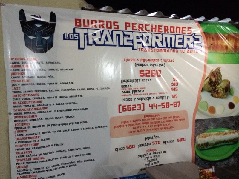 Menu at Burros Transformers restaurant, Hermosillo