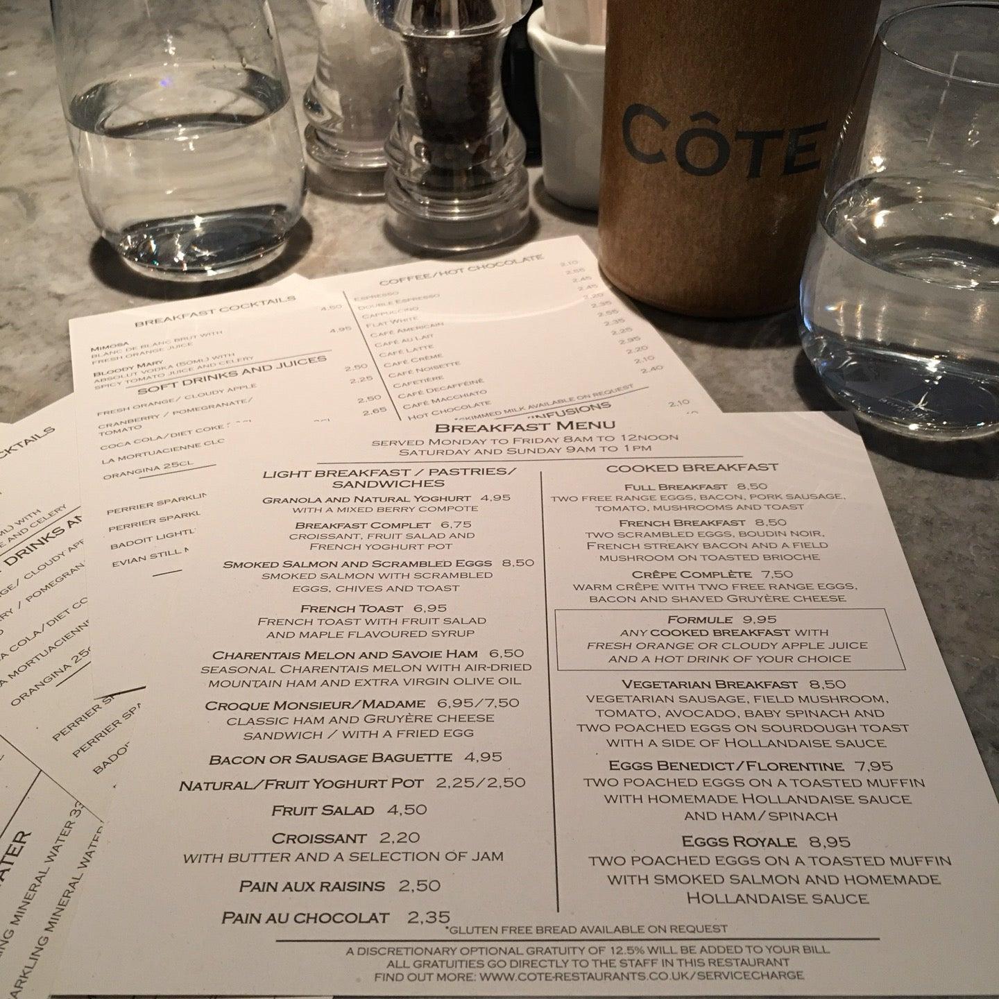 Menu at Côte Edinburgh restaurant, Edinburgh