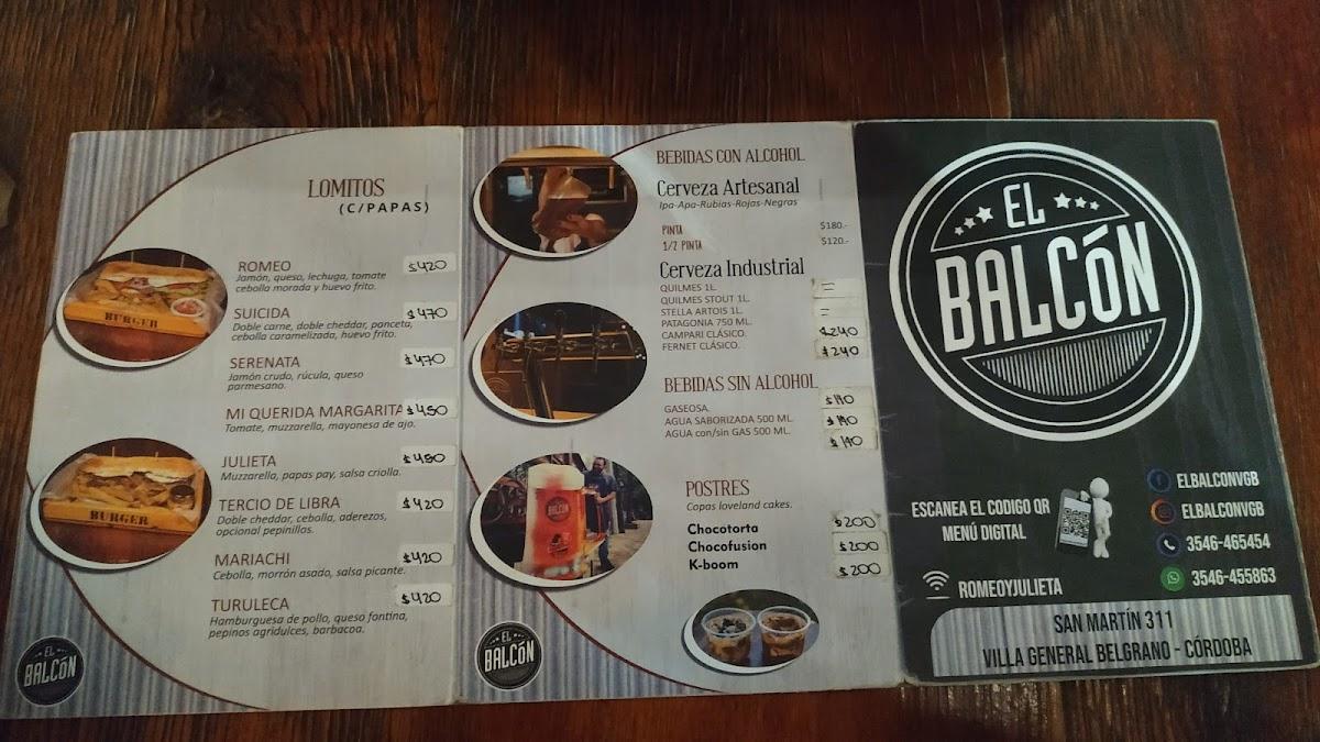 Carta del restaurante El Balcón VGB, Villa General Belgrano