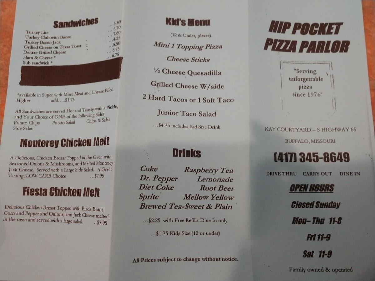 Carta de pizzería Hip Pocket Pizza Parlor, Búfalo
