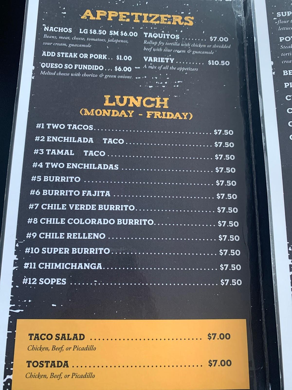 Menu at Los Potrillos Mexican restaurant, Hagerman