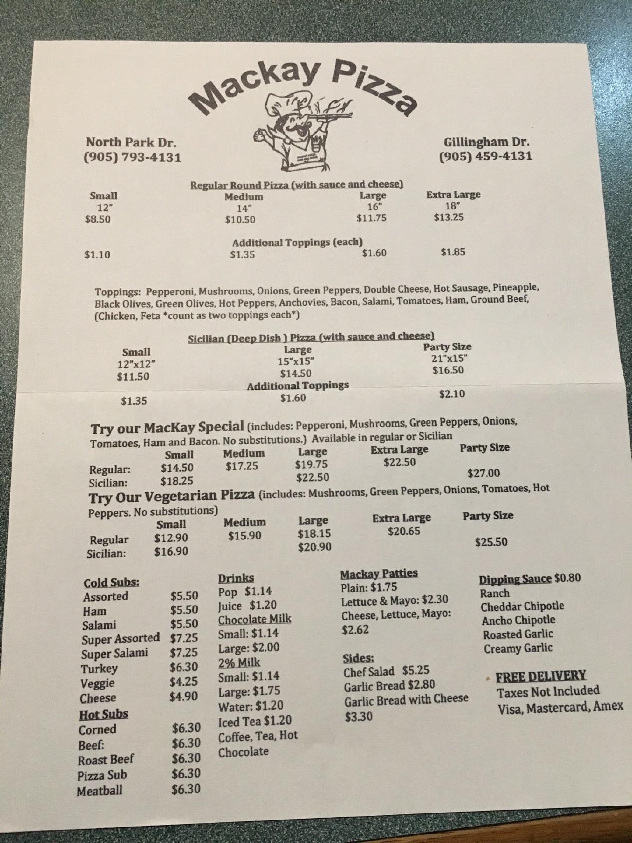 Menu at Mackay Pizza & Submarines pizzeria, Brampton, 40 Gillingham Dr