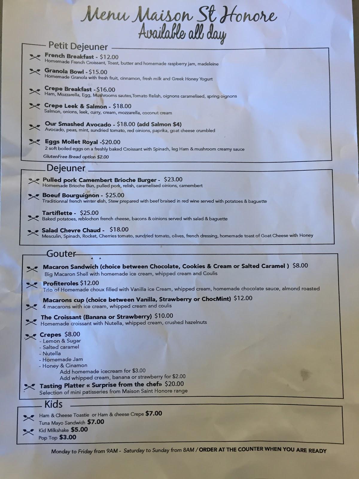 Menu at Maison Saint-Honoré cafe, Caversham, 100 Benara Rd