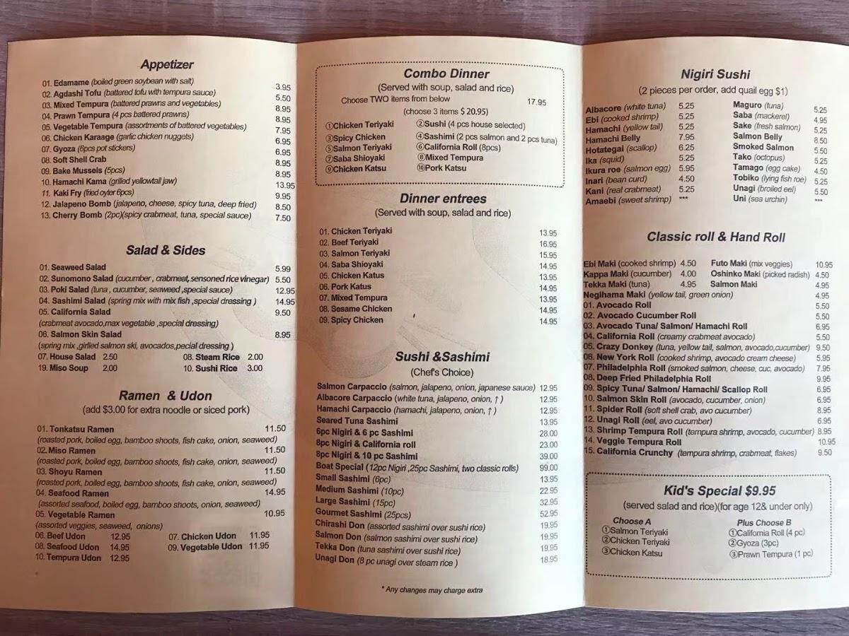 Menu at Neko Sushi restaurant, Brentwood