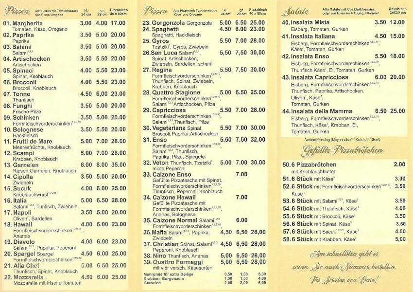 Menu at Pizzeria Enso, Duisburg, Am Finkenacker 24A