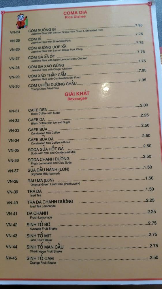 Menu at Saigon Panda restaurant, Sioux Falls