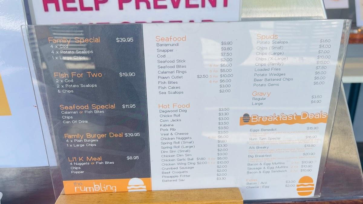 Menu at The Rumbling Tummy restaurant, Redcliffe