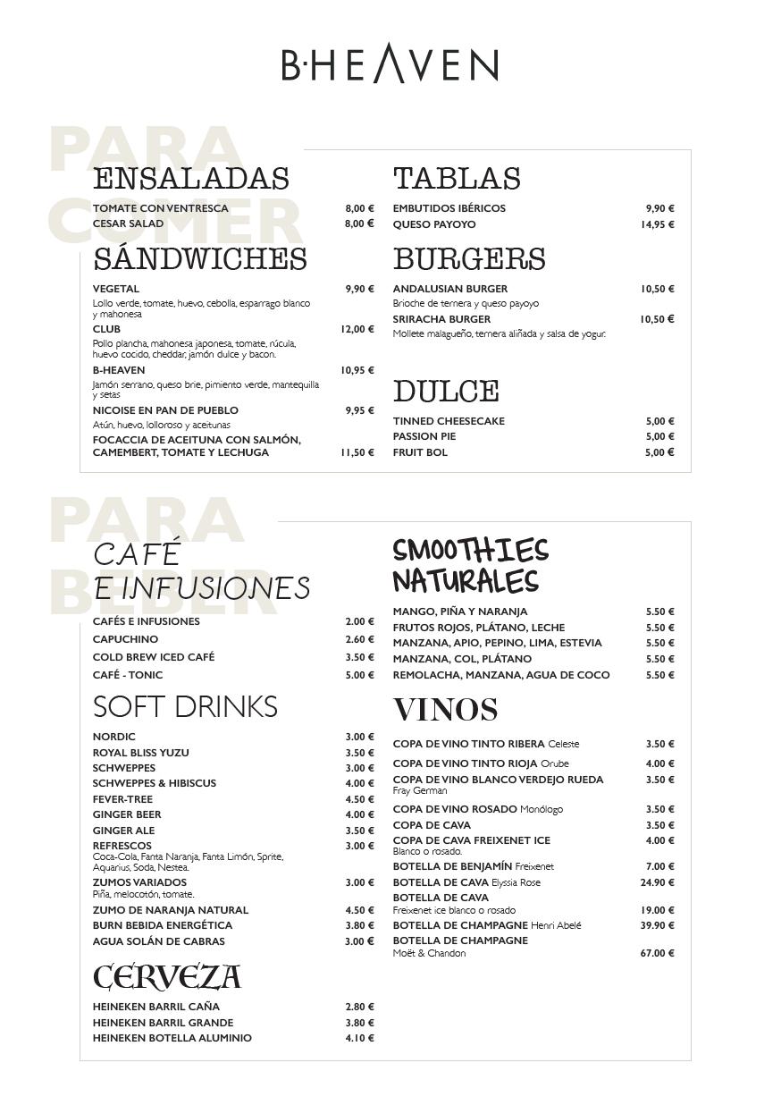 Menu at B-Heaven Relax & Ambience restaurant, Málaga