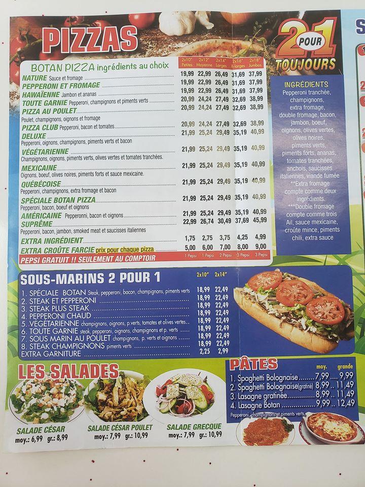 Menu au Botan Pizza restaurant, Montréal, Rue de Montigny