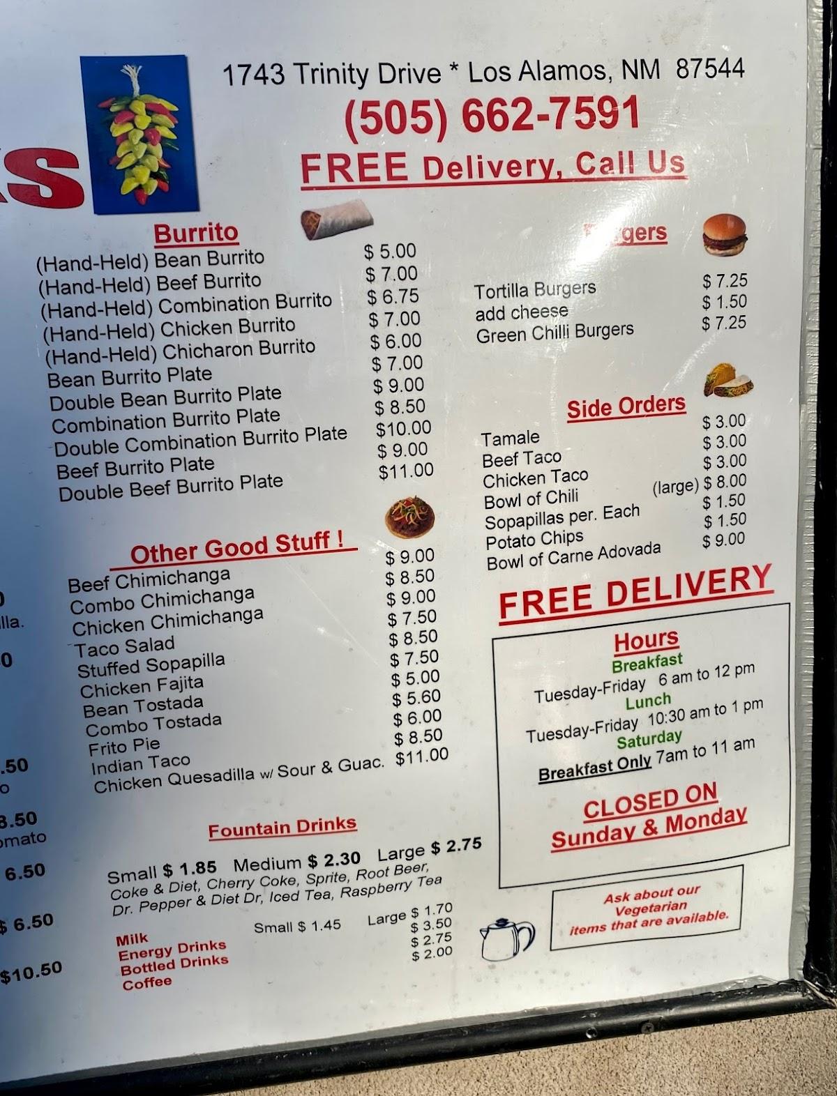Menu at Chili Works restaurant, Los Alamos, Trinity Dr