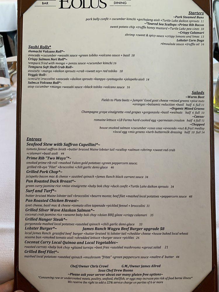 Menu at Eolus Bar & Dining, Durango