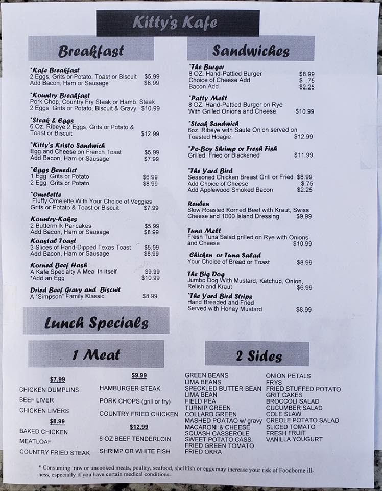 Menu at Kitty's Kafe restaurant, Gulf Shores, Gulf Shores Pkwy #100