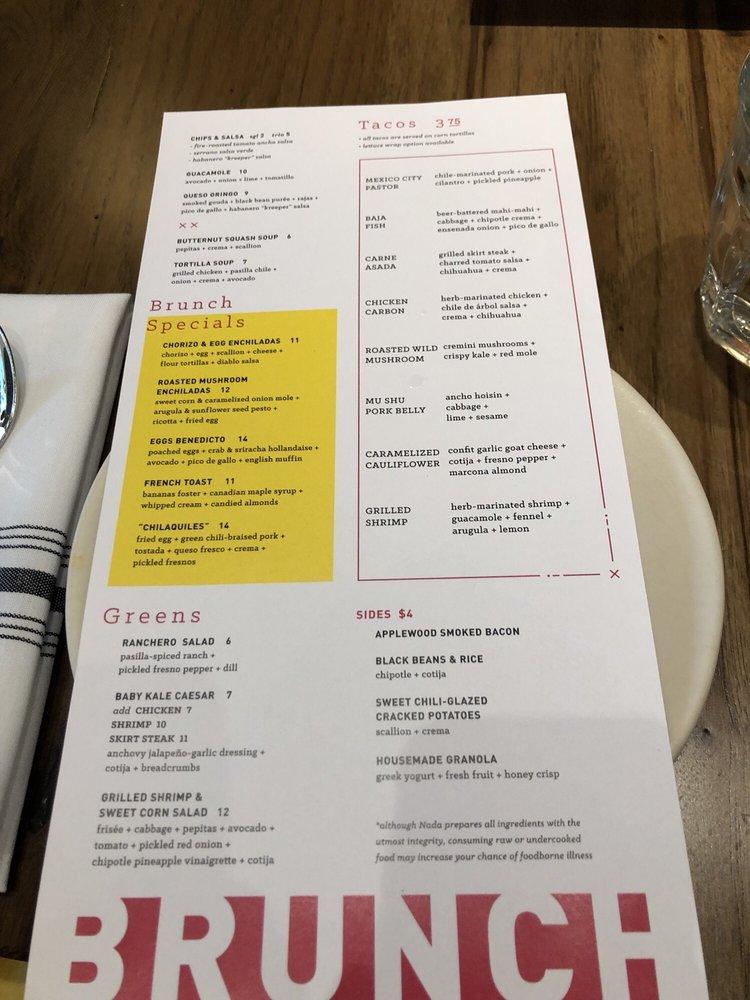 Menu at Nada restaurant, Nashville