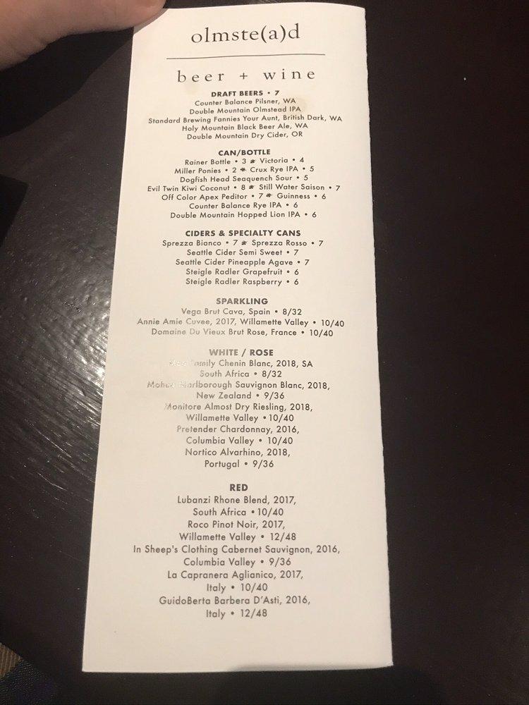 Menu at Olmstead pub & bar, Seattle