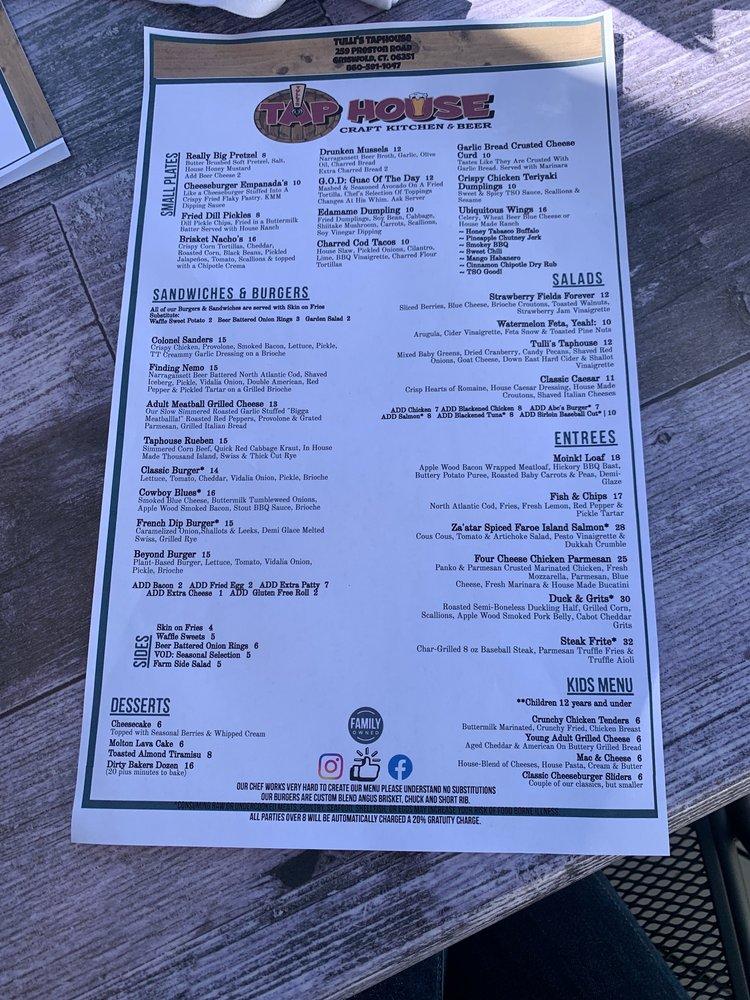 Menu at Tullis Taphouse pub & bar, Griswold, 259 Preston Rd