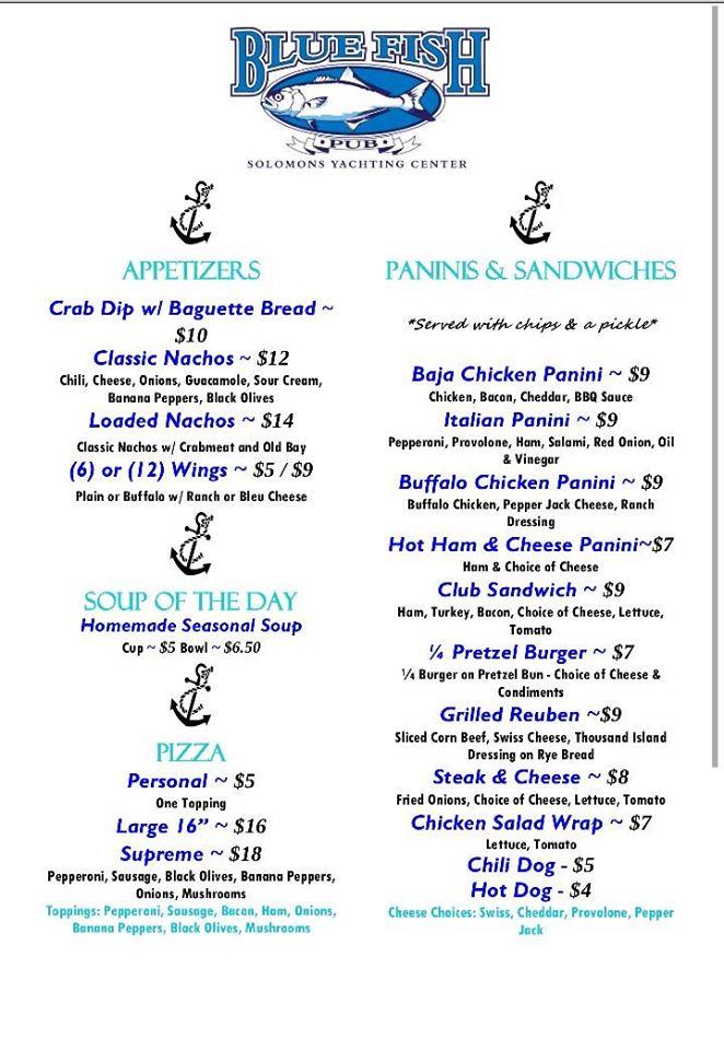 Menu at Blue Fish Pub, Solomons