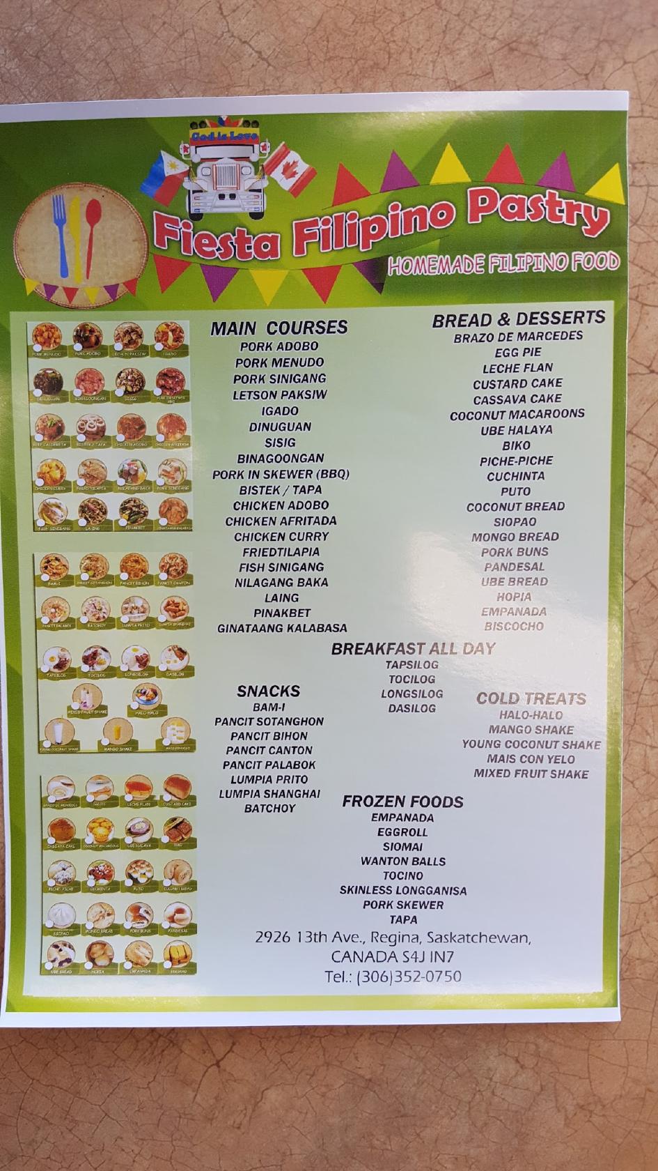 Menu at Fiesta Filipino Millet creative and catering restaurant, Regina