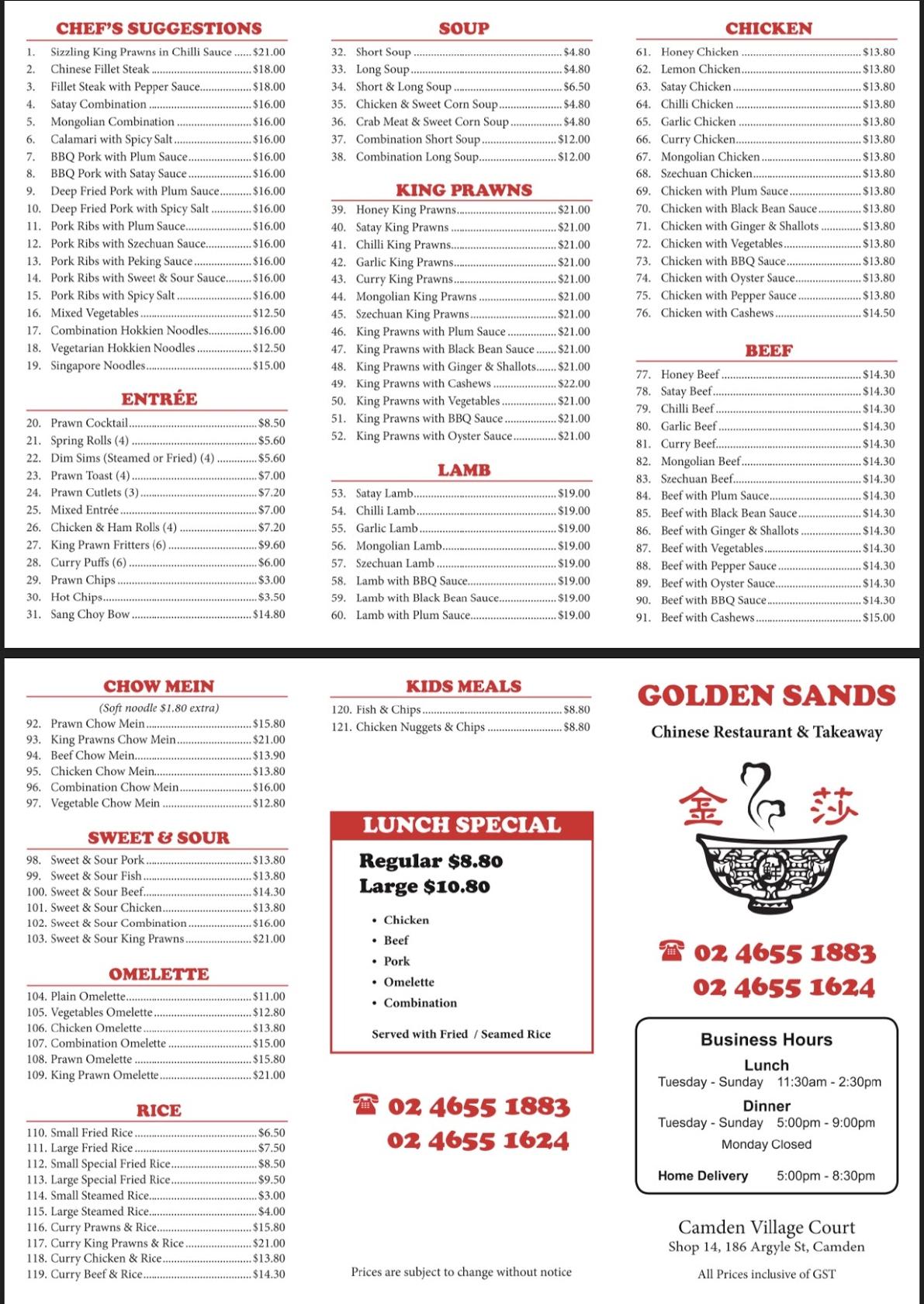 Menu at Golden Sands Chinese Restaurant & Take Away, Camden