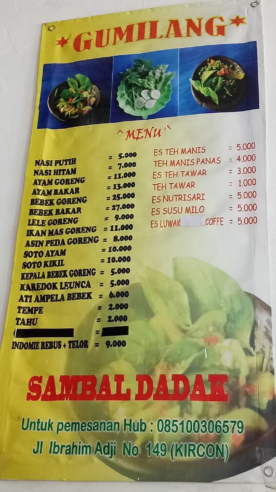 Menu at Gumilang restaurant, Bandung