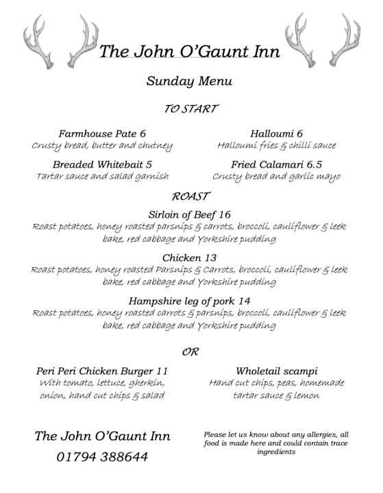 Menu at John Of Gaunt Inn pub & bar, Stockbridge, Horsebridge Rd