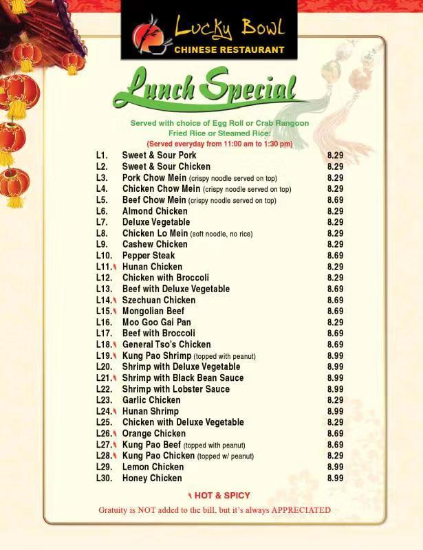 Menu at Lucky Bowl restaurant, Algona