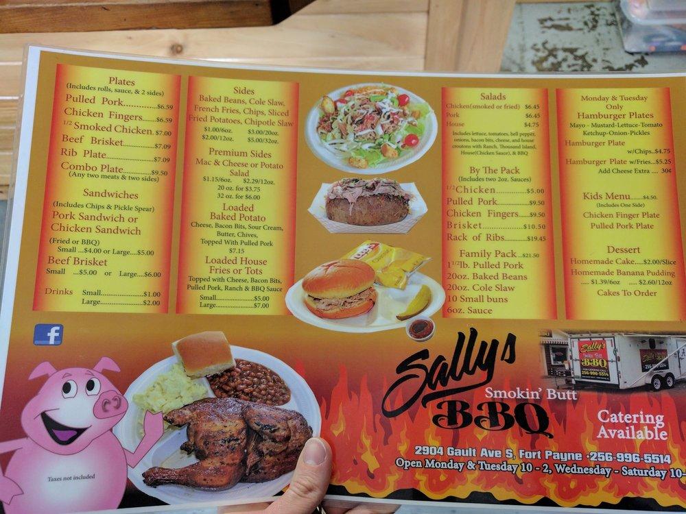 Menu at Sally's Smokin Butt BBQ, Fort Payne