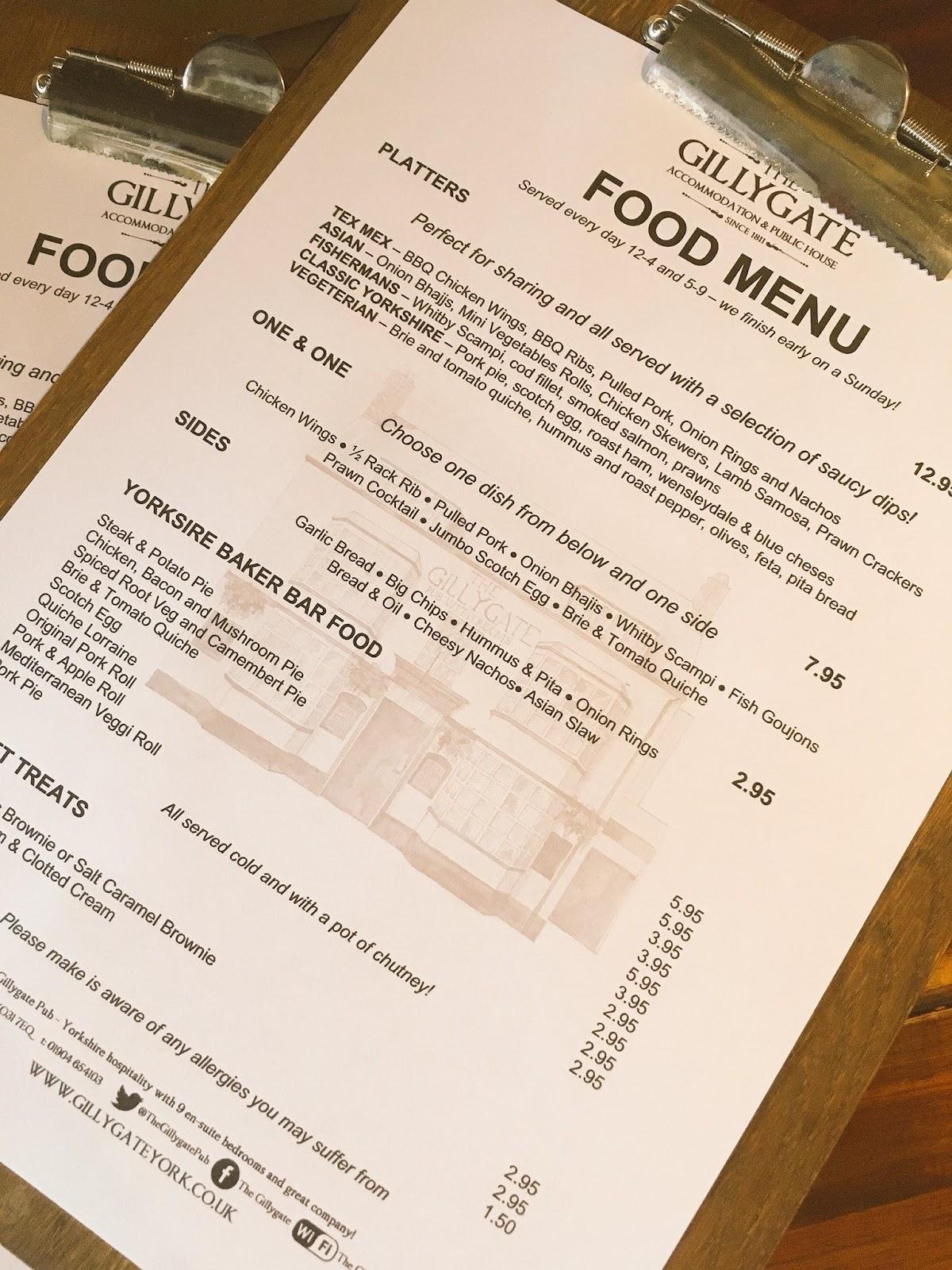 Menu at The Gillygate pub & bar, York