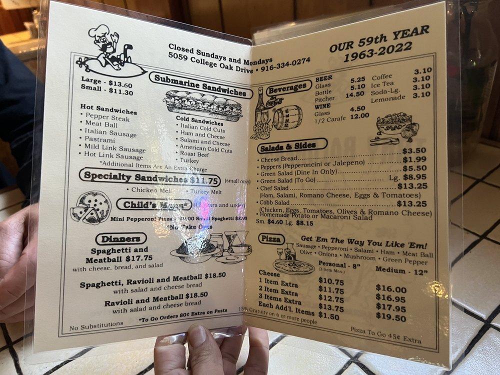 Menu at Tony Baloney's restaurant, Sacramento