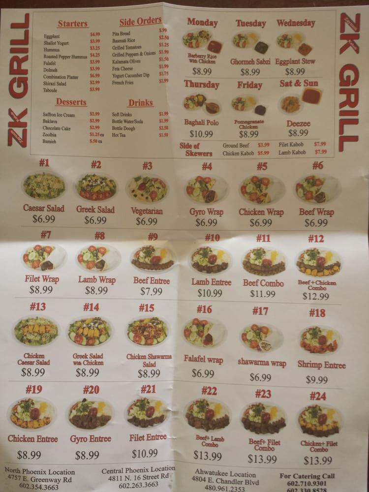 Carta del restaurante ZK Grill, Phoenix, E Greenway Rd