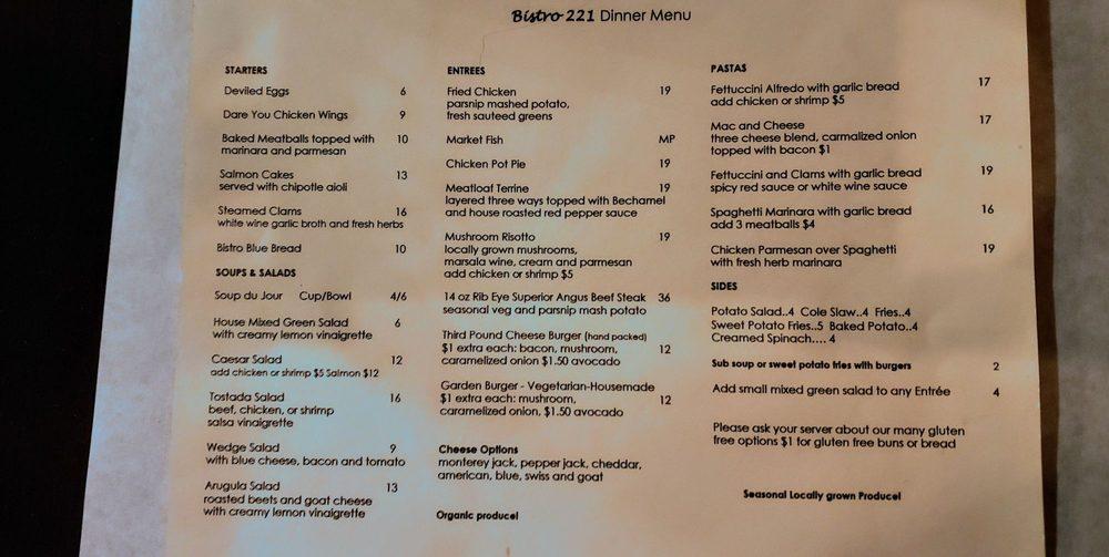 Menu at Bistro 221 restaurant, Nevada City
