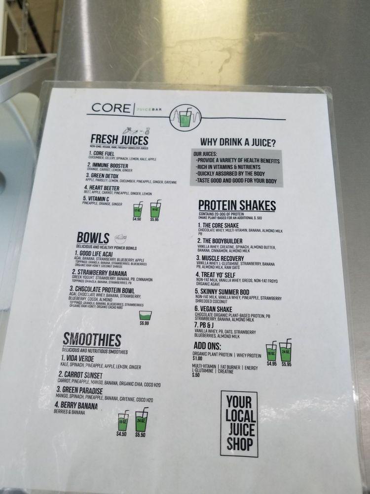 Menu at Core Juice Bar, Chicago, S Archer Ave