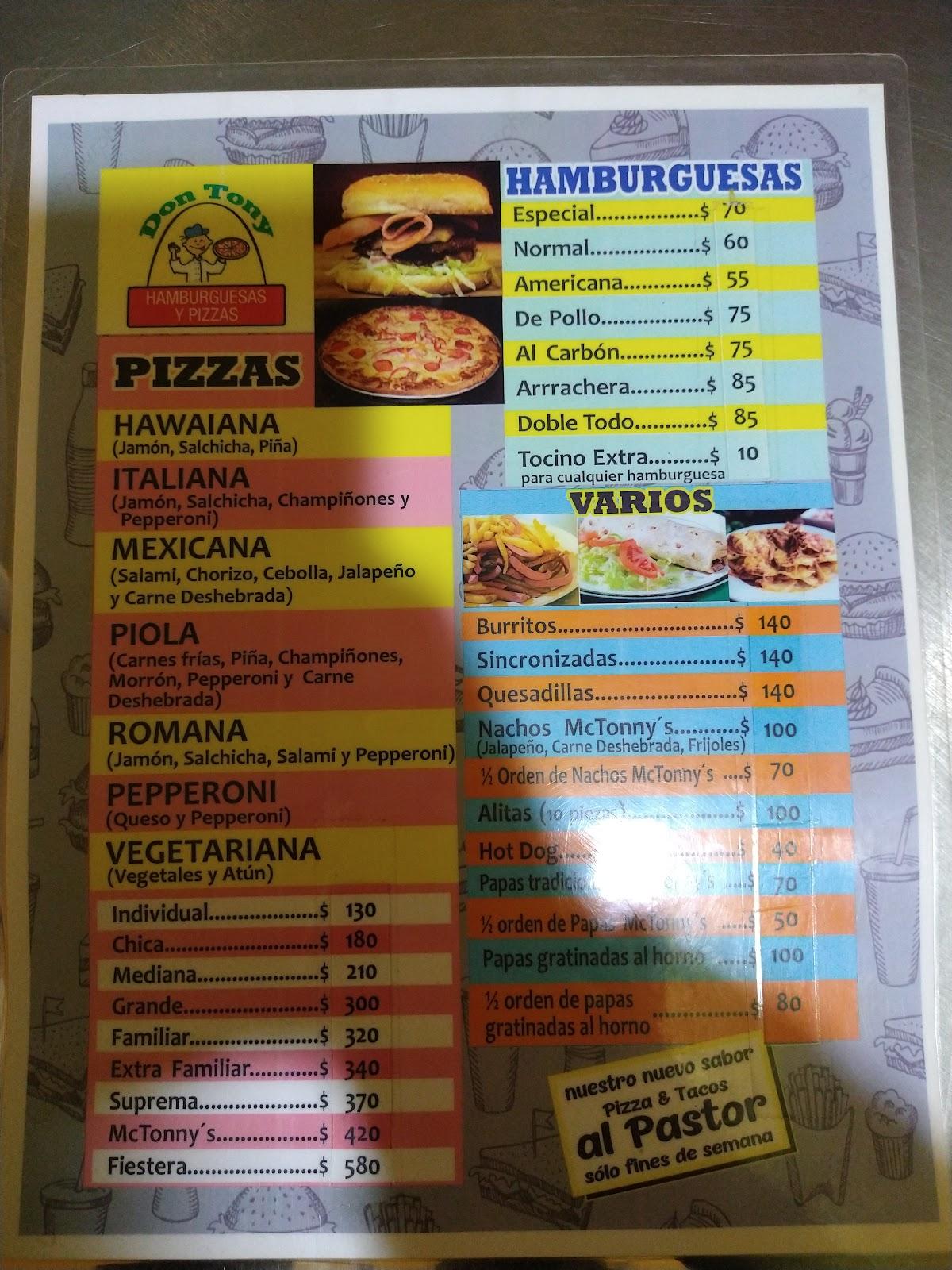 Menu at Don Tony pizzeria, Uruapan