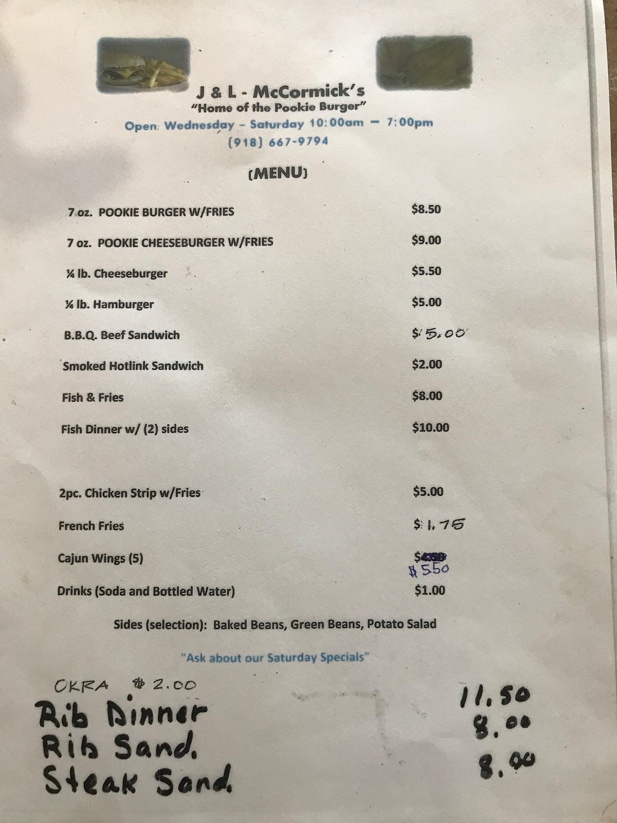 Menu at J & L McCormick’s fast food, Boley, 103 US-62