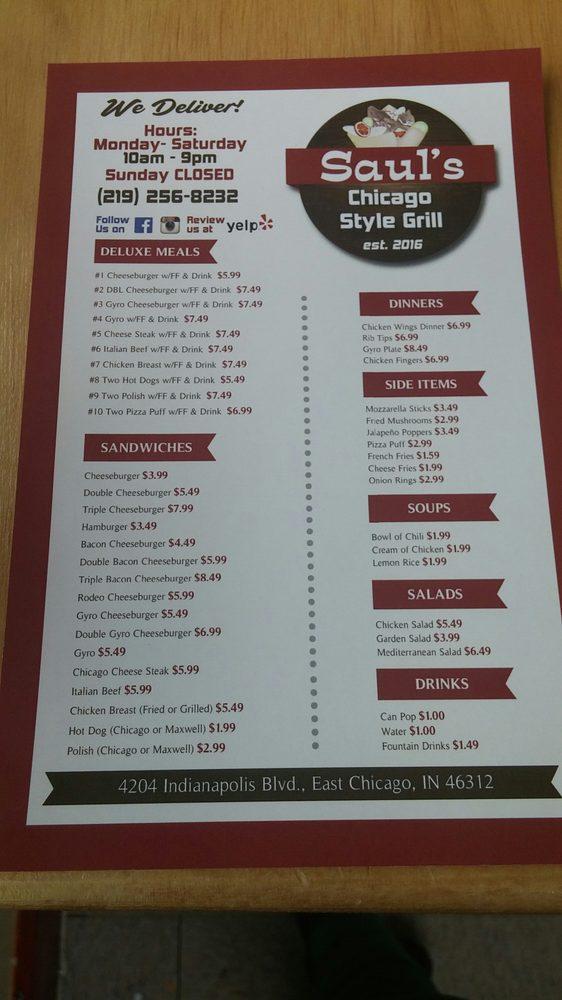 Menu at Saul's Chicago Style Grill fast food, East Chicago