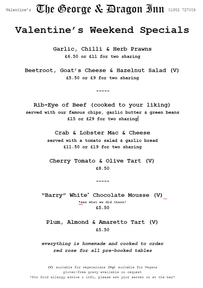 Menu at The George & Dragon Inn pub & bar, Much Wenlock