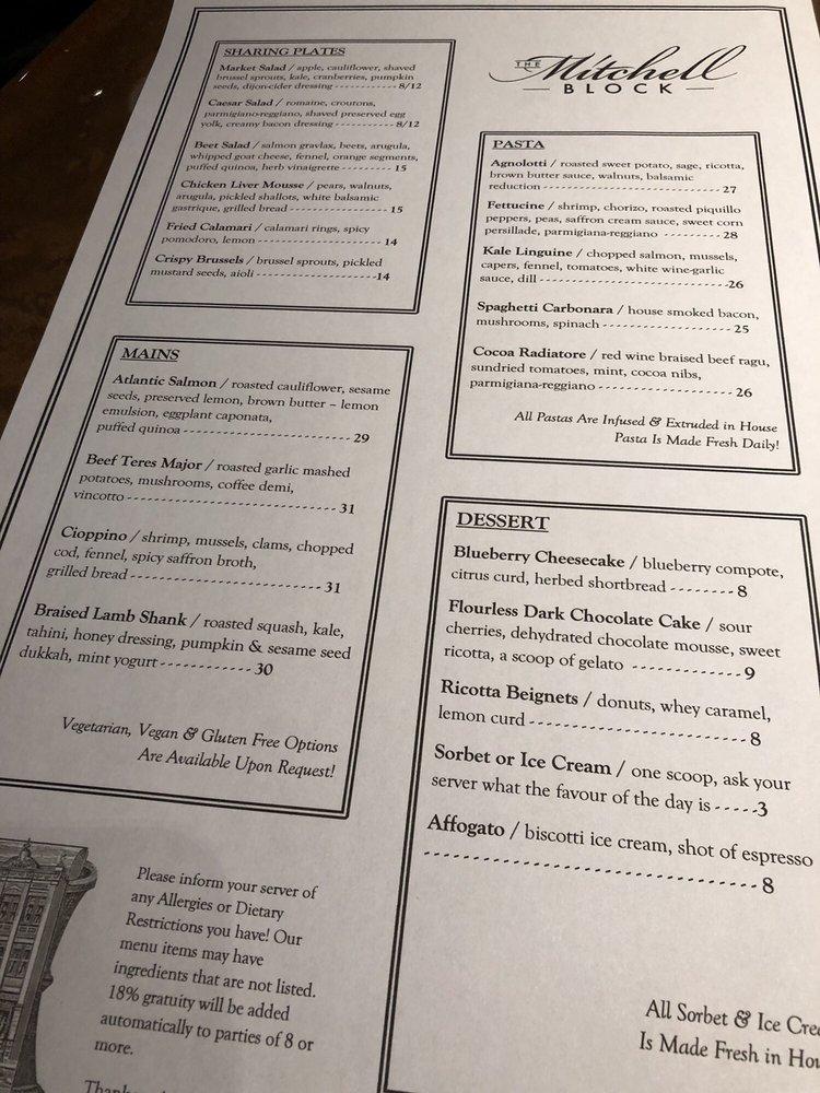 Menu at The Mitchell Block pub & bar, Winnipeg