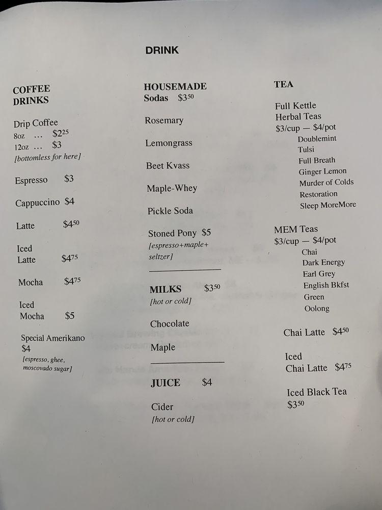 Menu at The Upper Bend cafe, Montague
