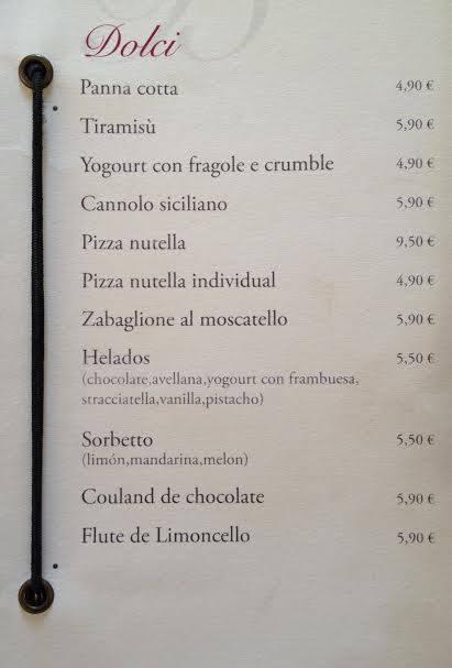 Menu at Bellagio restaurant, Barcelona
