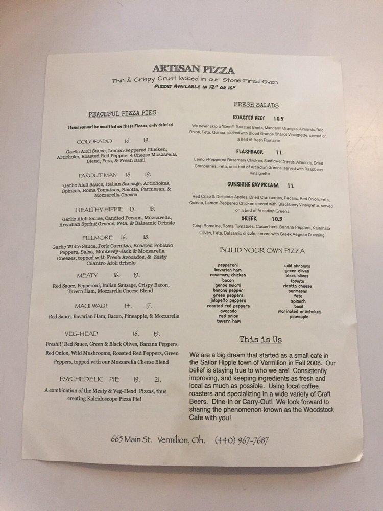 Menu at Woodstock pizzeria, Vermilion