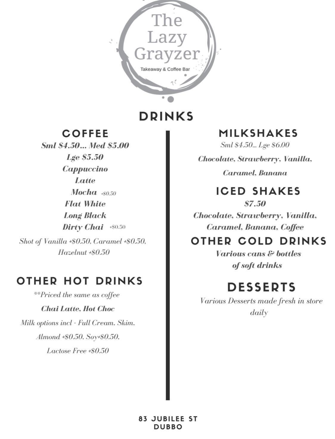Menu at The Lazy Grayzer restaurant, Dubbo